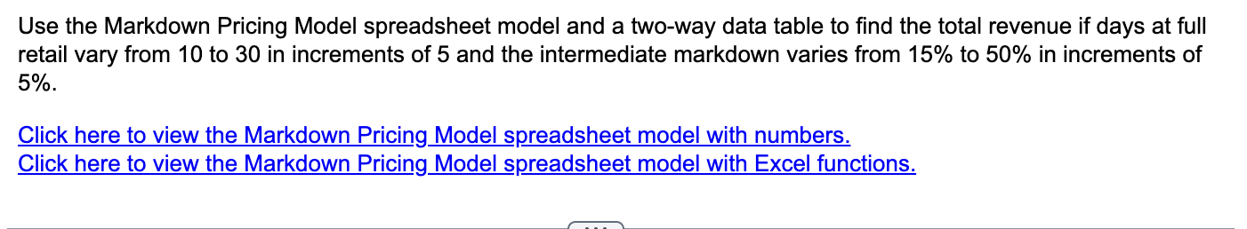 Use the Markdown Pricing Model spreadsheet model and | Chegg.com