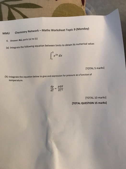 Solved MMU Chemistry Network- Maths Worksheet Topic 9 | Chegg.com