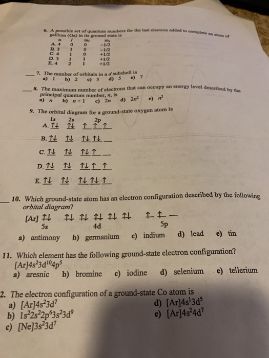 Solved o. A possible set of quantum numbers for the last | Chegg.com