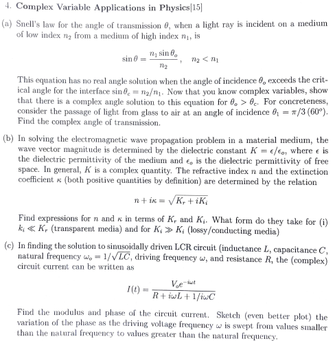 Solved 4. Complex Variable Applications in Physics|15| a) | Chegg.com