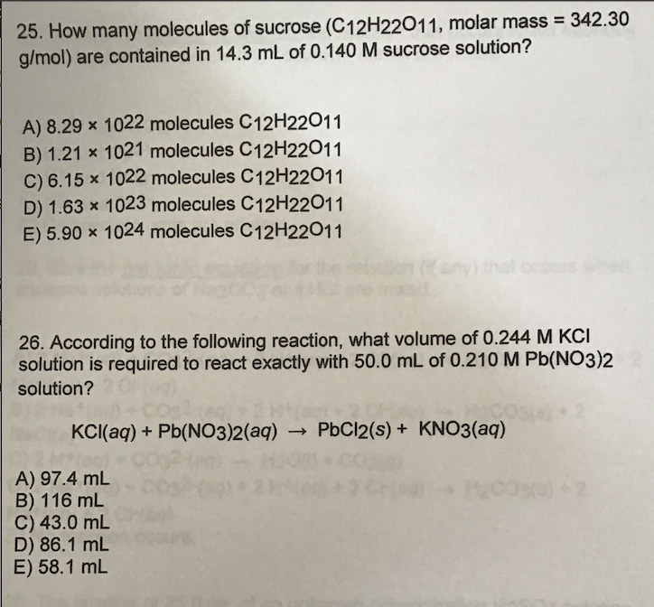 Solved 25) How many molecules of sucrose (C12H22O11, molar | Chegg.com