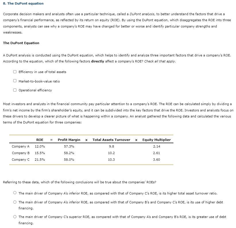 Solved 8. The DuPont equation Corporate decision makers and | Chegg.com