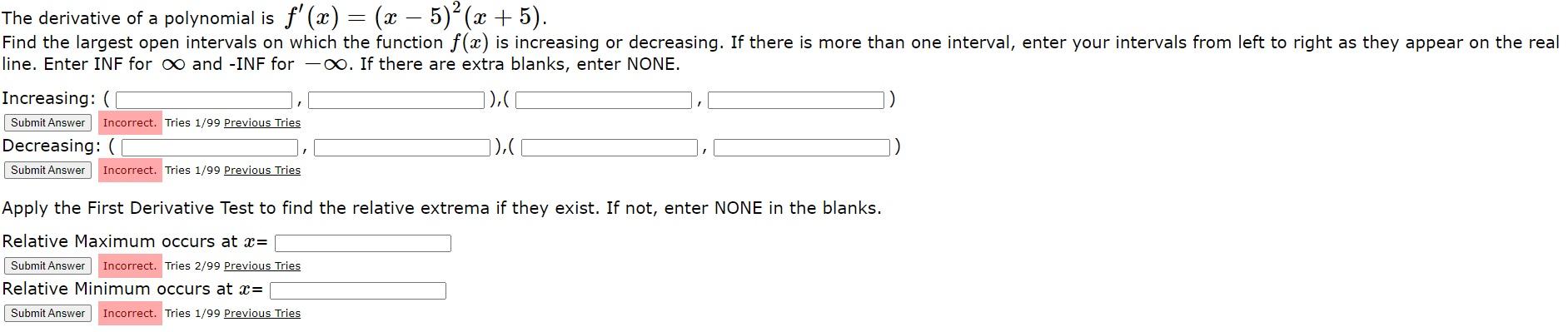 Solved he derivative of a polynomial is f′(x)=(x−5)2(x+5) | Chegg.com
