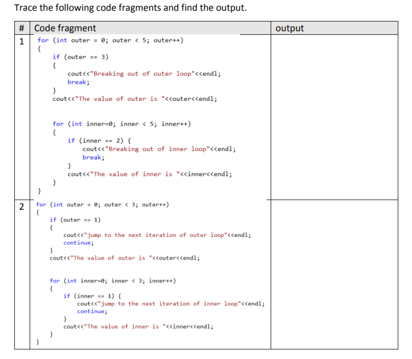 Solved output Trace the following code fragments and find | Chegg.com