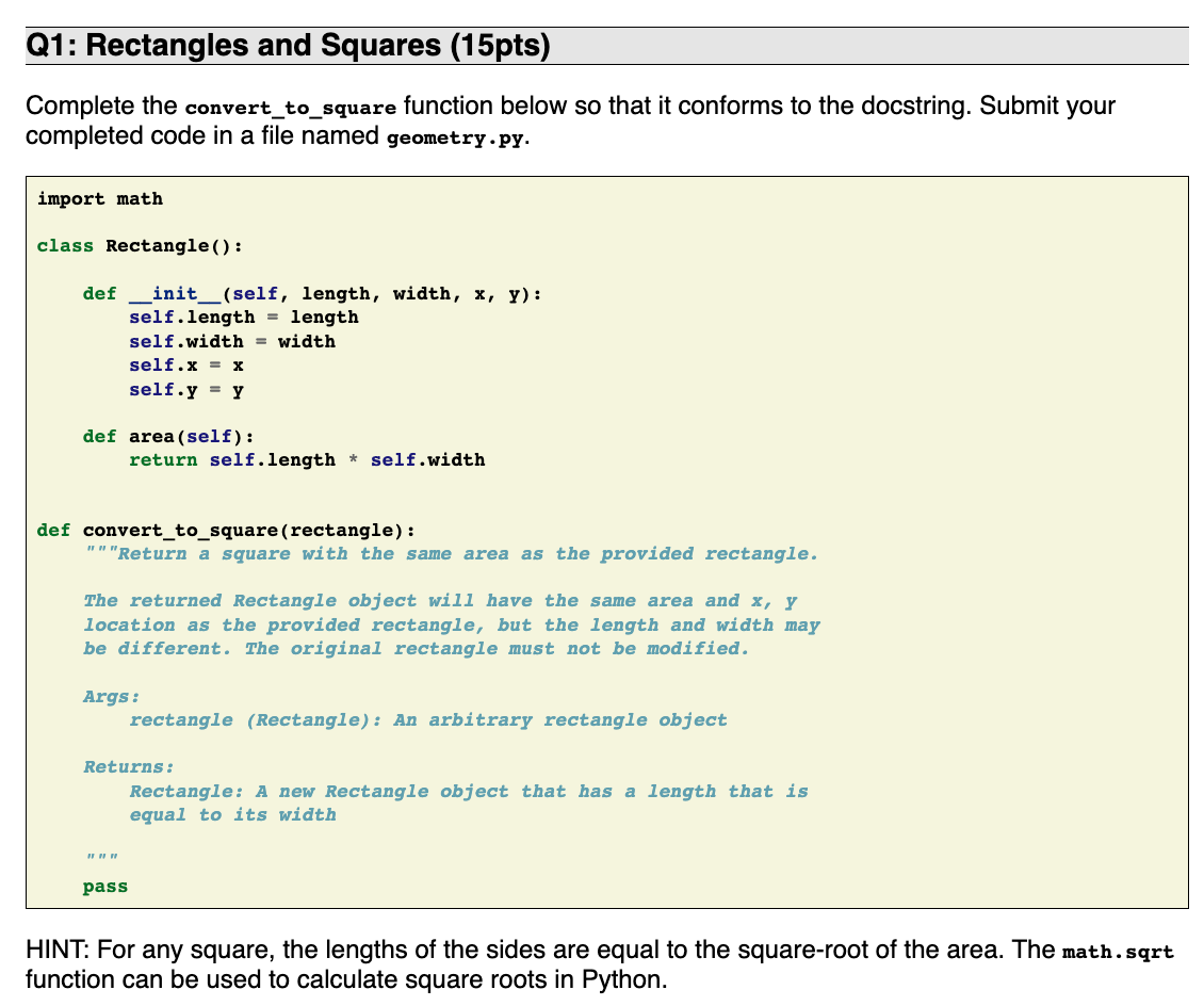 Solved Q1: Rectangles and Squares (15pts) Complete the | Chegg.com