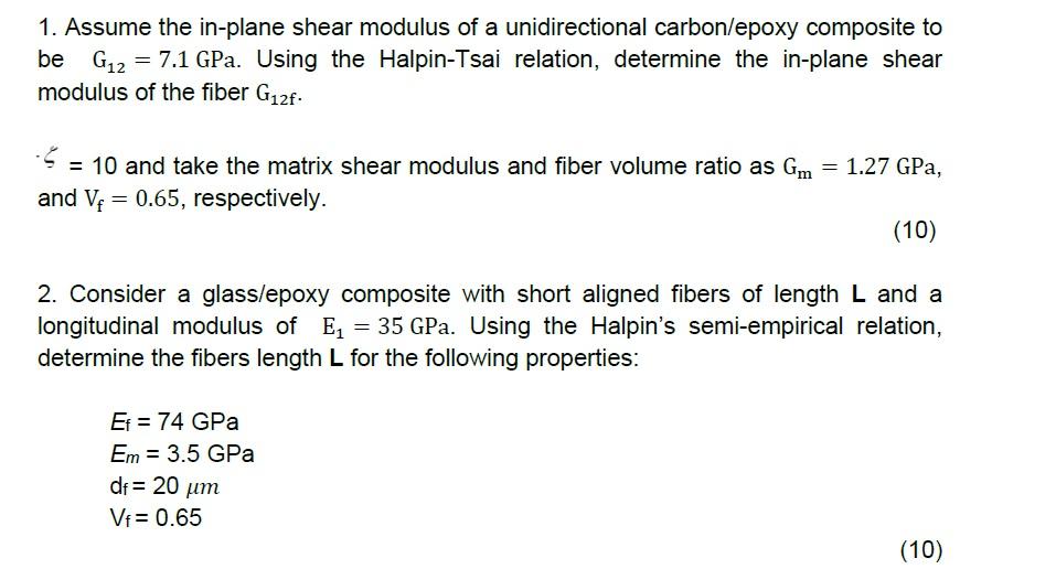 Solved 1 Assume The In Plane Shear Modulus Of A