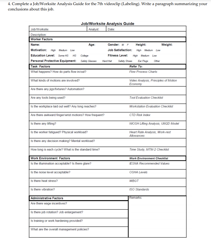 4. Complete a Job/Worksite Analysis Guide for the 7th | Chegg.com
