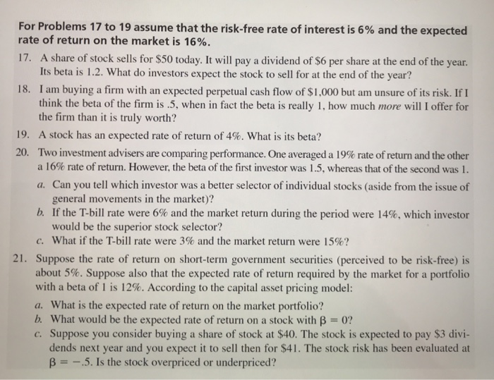 Solved For Problems 17 to 19 assume that the risk-free rate | Chegg.com