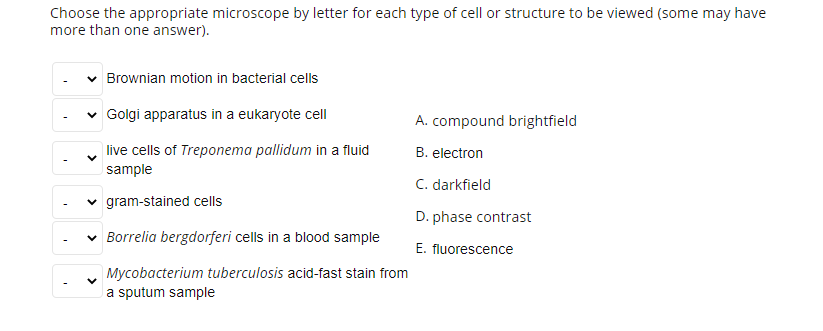 Solved Choose the appropriate microscope by letter for each | Chegg.com