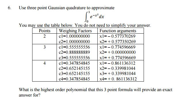Solved 6. Use three point Gaussian quadrature to approximate | Chegg.com