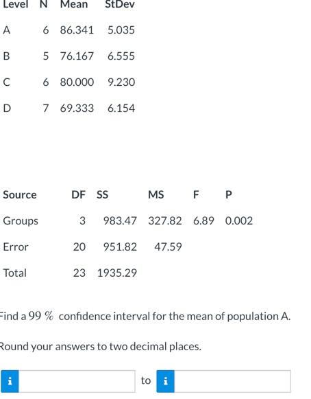 Solved Level N Mean StDev A 6 86.341 5.035 B 5 76.167 6.555 | Chegg.com