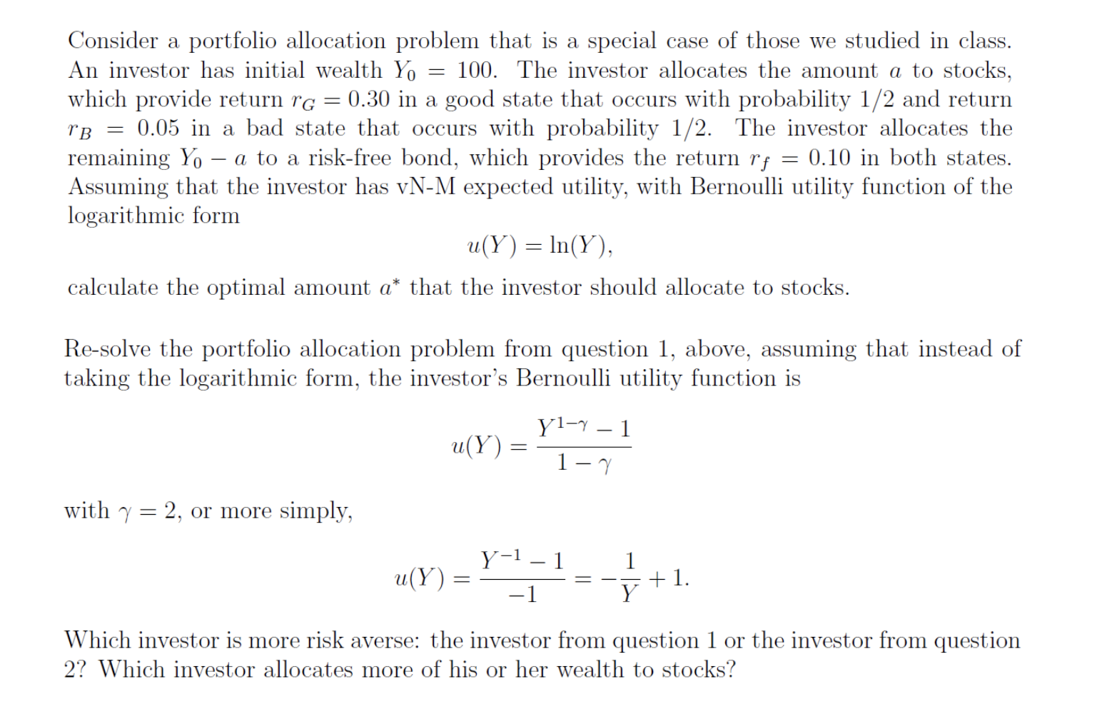 Consider a portfolio allocation problem that is a | Chegg.com
