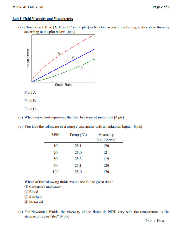 Solved MEEN345 FALL 2020 Page 2 of 9 Lab 1 Fluid Viscosity | Chegg.com