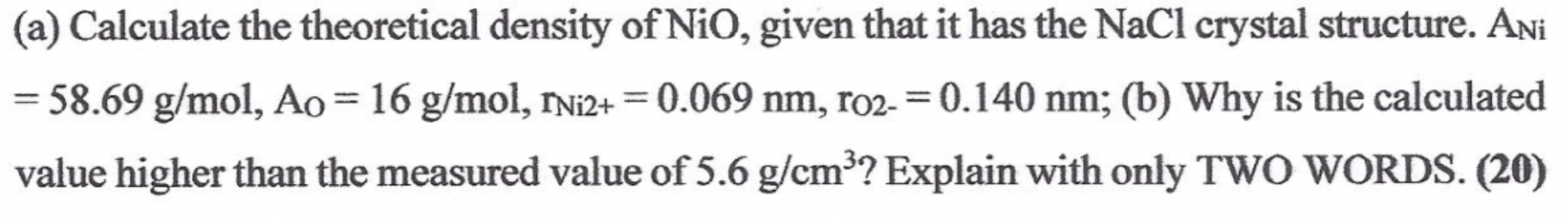 Solved (a) Calculate the theoretical density of Nio, given | Chegg.com