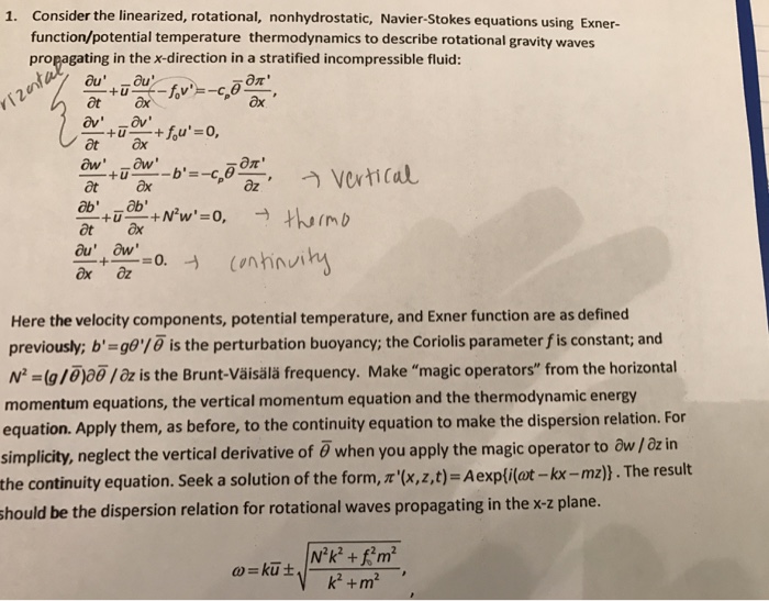 Solved Consider the linearized, rotational, nonhydrostatic, | Chegg.com
