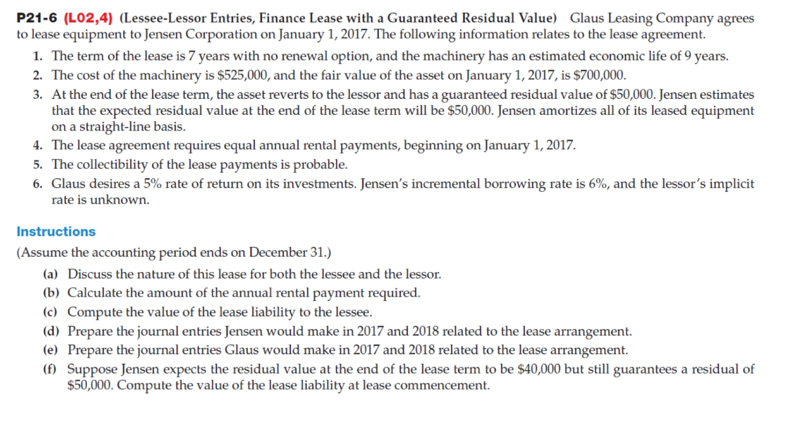 Solved P21-6 (L02,4) (Lessee-Lessor Entries, Finance Lease | Chegg.com