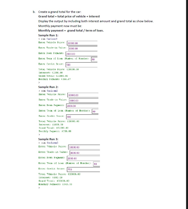 b. ﻿Create a grand total for the car:Grand total = | Chegg.com