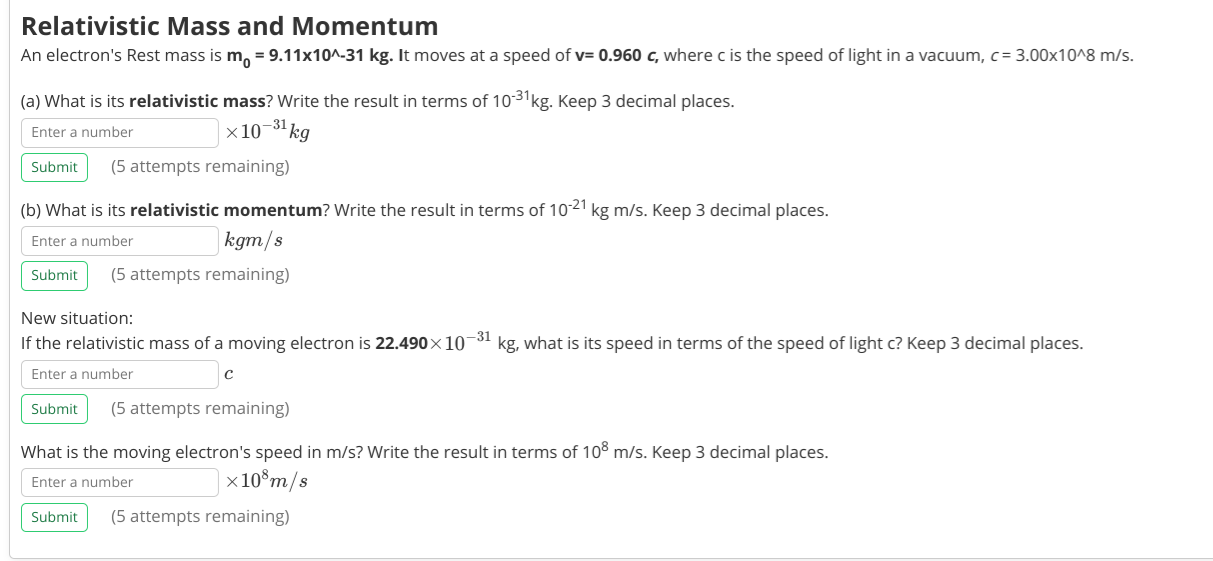 Solved Relativistic Mass and Momentum An electron's Rest | Chegg.com