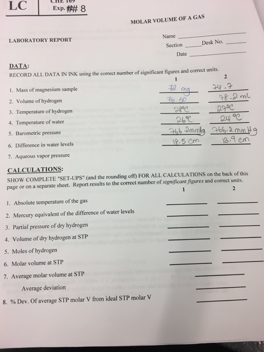 Solved RECORD ALL DATA IN INK using the correct number of | Chegg.com