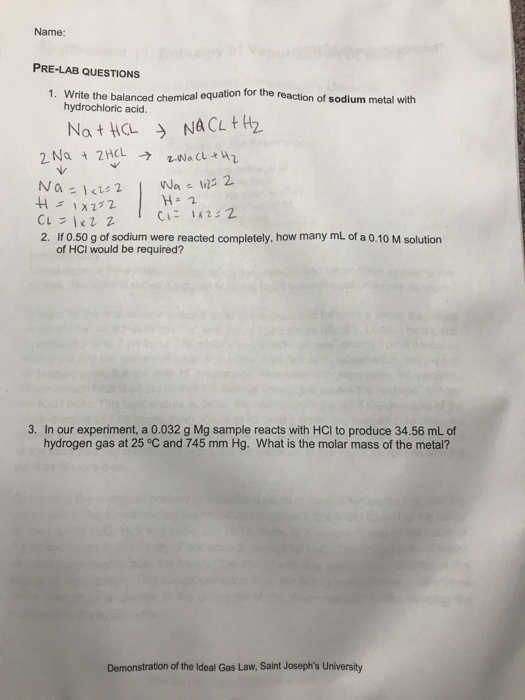 Solved Name: PRE-LAB QUESTIONS 1. Write the balanced | Chegg.com