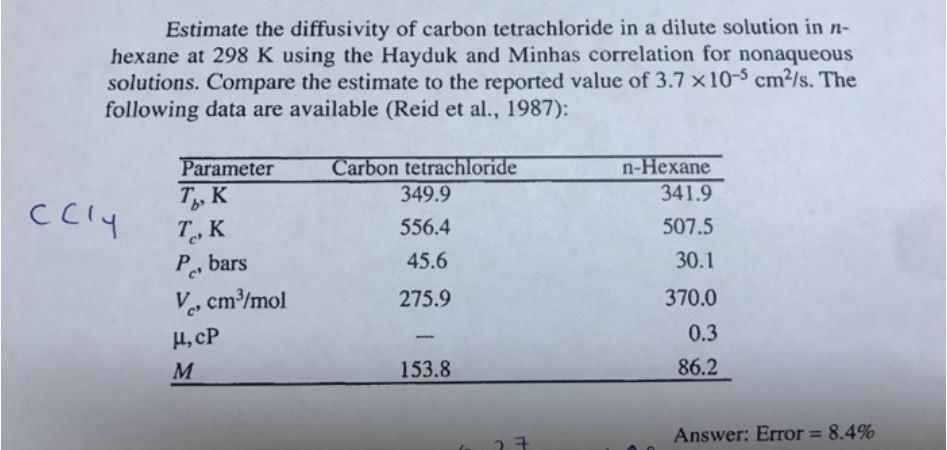 Solved Estimate the diffusivity of carbon tetrachloride in a | Chegg.com