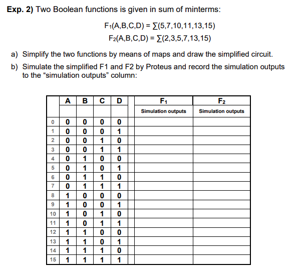 Solved Exp 2 Two Boolean Functions Is Given In Sum Of 7966