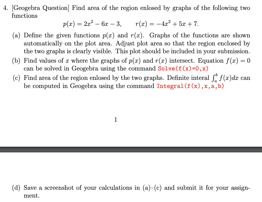 Solved 4. [Geogebra Question) Find area of the region | Chegg.com