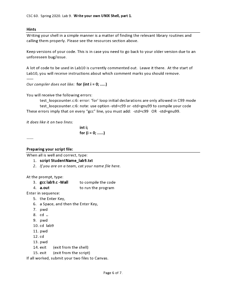 CSC 60. Spring 2020. Lab 9. Write your own UNIX | Chegg.com