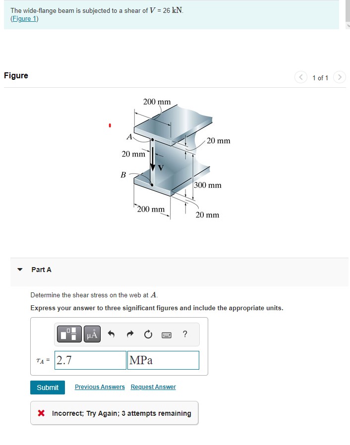 Solved The wide-flange beam is subjected to a shear of | Chegg.com