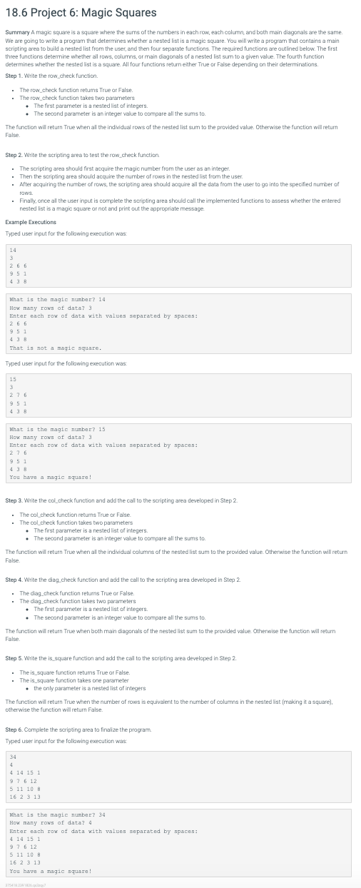 Solved 18.6 Project 6: Magic Squares Summary A magic square | Chegg.com