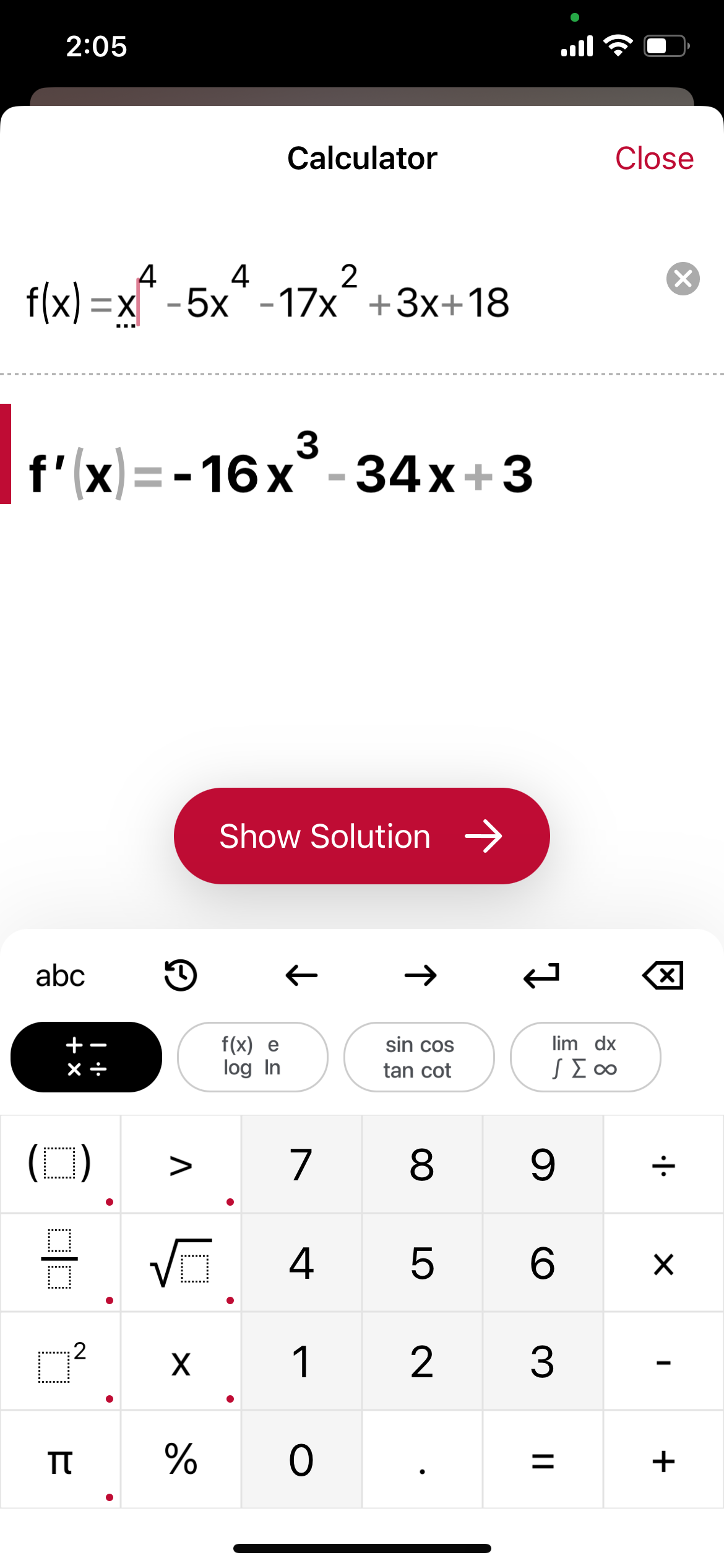 Solved Calculator f(x)=x4−5x4−17x2+3x+18f′(x)=−16x3−34x+3 | Chegg.com