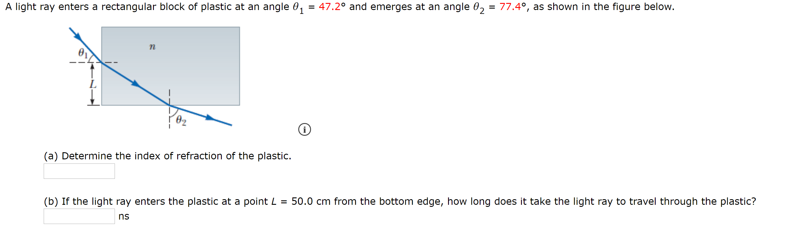 Solved A light ray enters a rectangular block of plastic at | Chegg.com