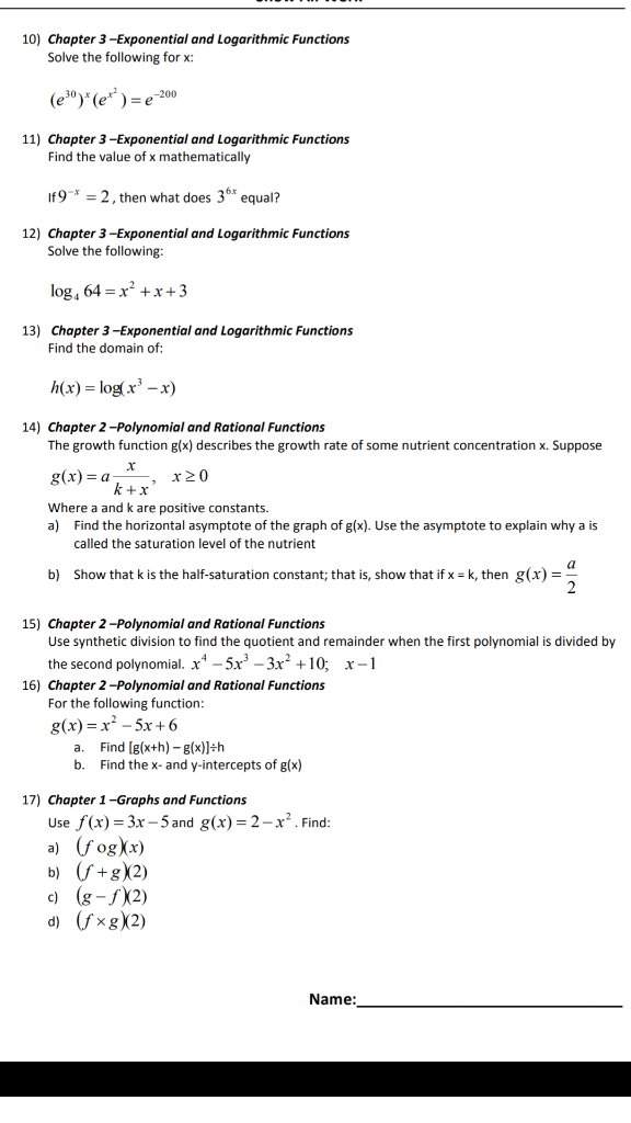 Solved 10) Chapter 3 -Exponential and Logarithmic Functions | Chegg.com