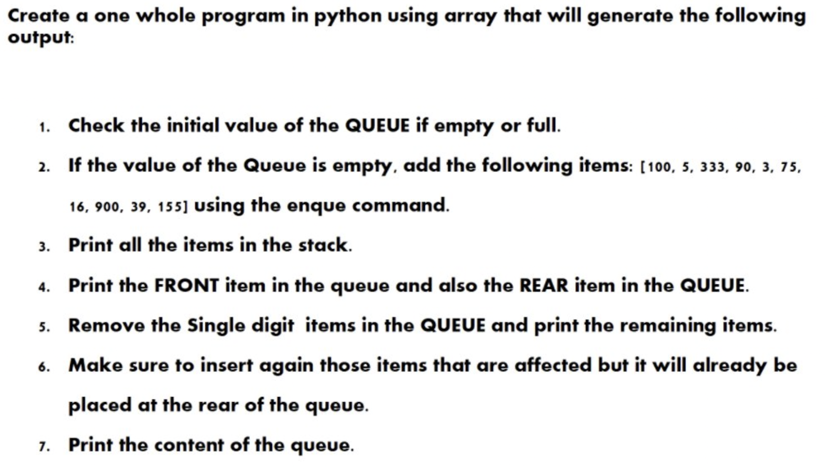 Solved Create a one whole program in python using array that | Chegg.com
