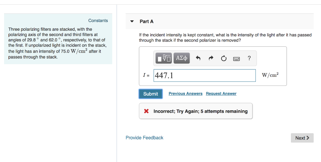 Solved Constants Part A Three polarizing filters are | Chegg.com