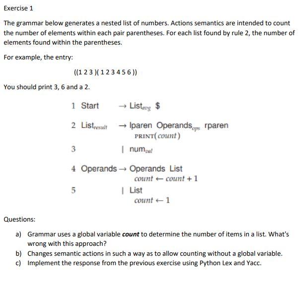 Solved Exercise 1 The grammar below generates a nested list | Chegg.com