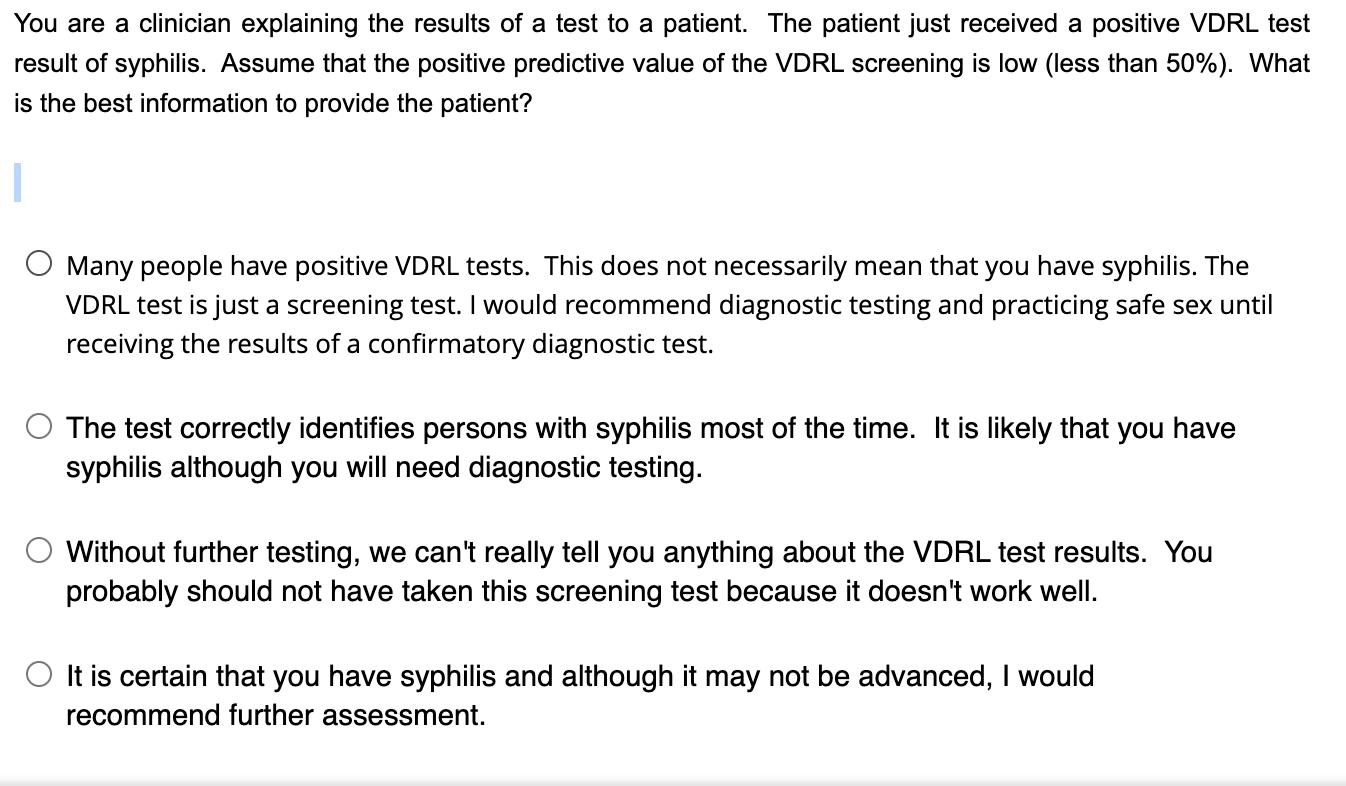 Solved You are a clinician explaining the results of a test | Chegg.com