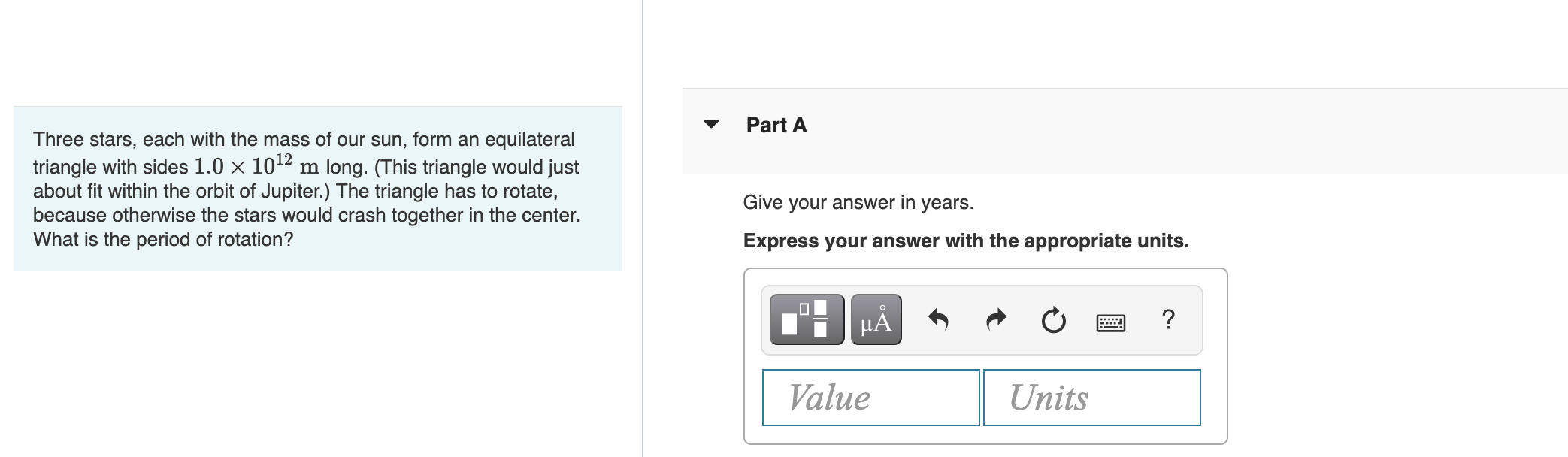 Solved Three stars, each with the mass of our sun, form an | Chegg.com