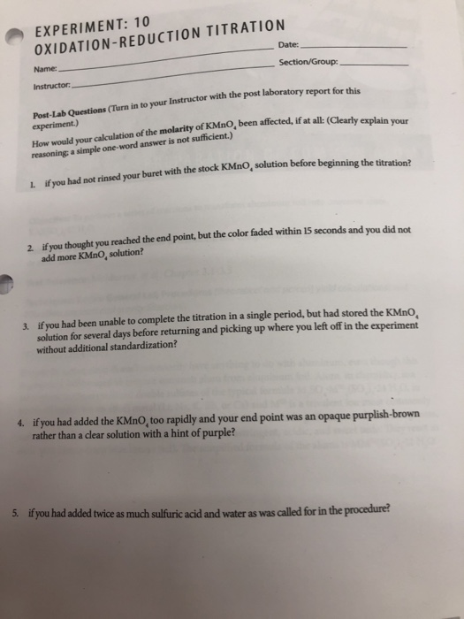 Solved EXPERIMENT: 10 OXIDATION-REDUCTION TITRATION Date | Chegg.com