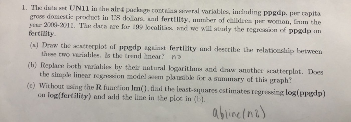 Solved 1. The data set UN11 in the alr4 package contains | Chegg.com