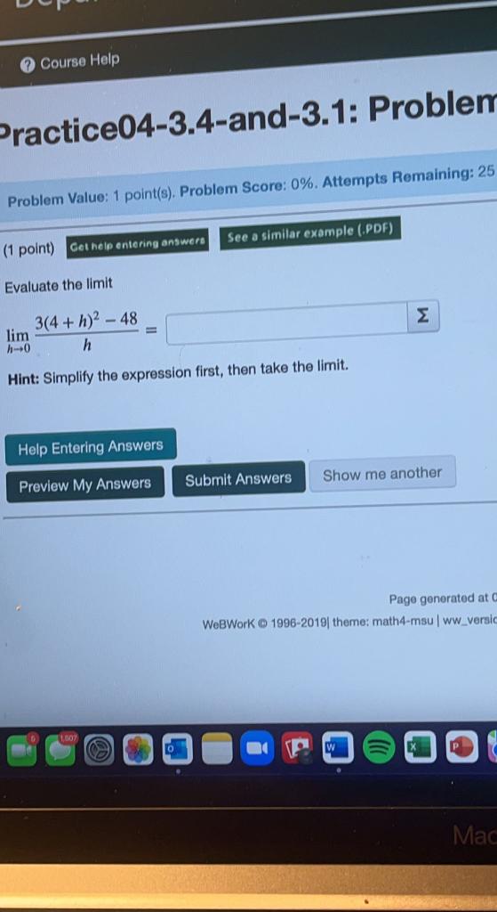 Solved Evaluate the limit limh→0h3(4+h)2−48= Hint: Simplify | Chegg.com
