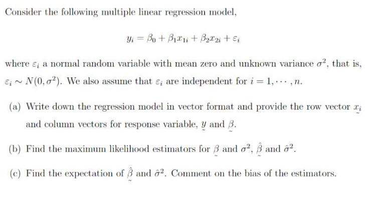 Consider the following multiple linear regression | Chegg.com