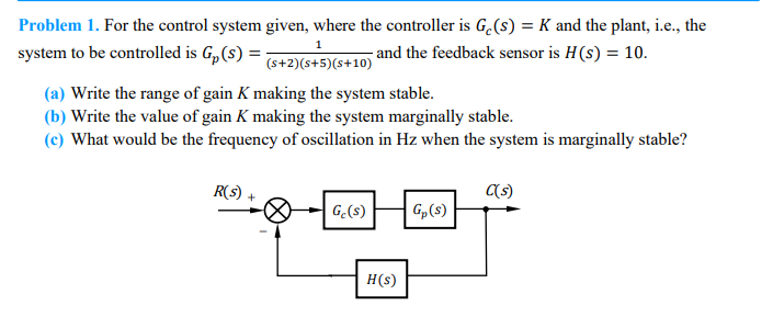 Solved Problem 1. For the control system given, where the | Chegg.com
