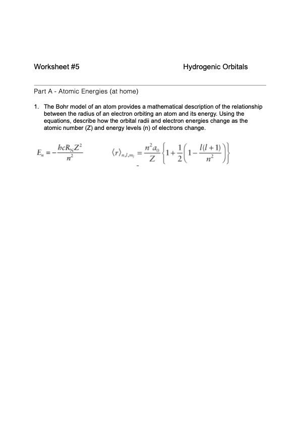 Solved Worksheet #5 Hydrogenic Orbitals Part A - Atomic | Chegg.com