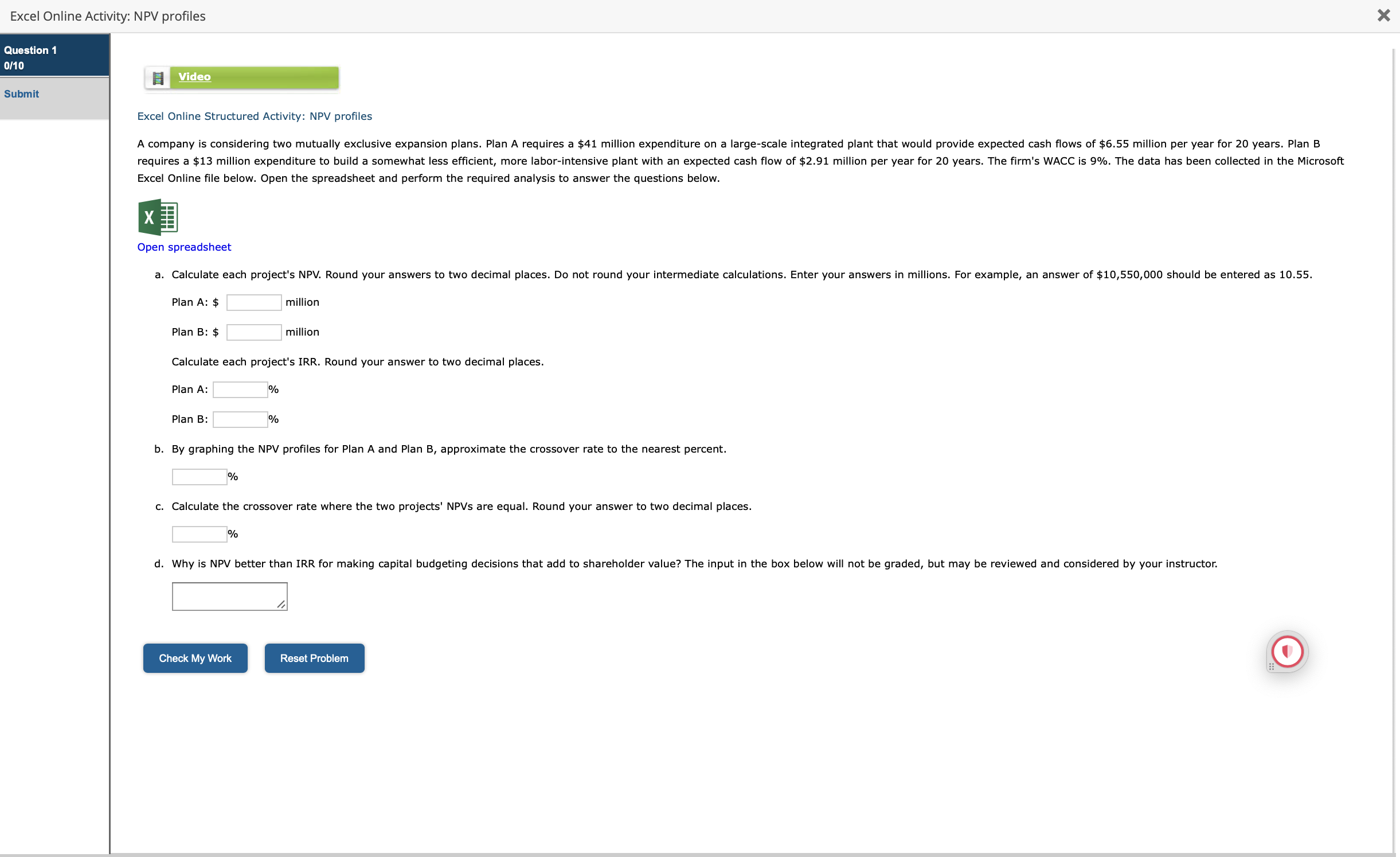 Solved Excel Online Structured Activity: NPV profiles Excel | Chegg.com