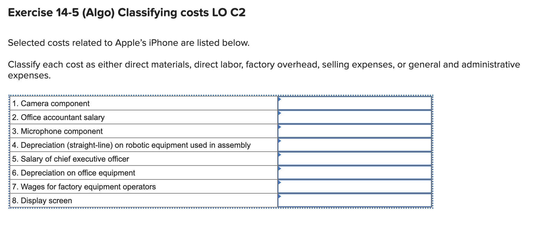 Solved Exercise 14-5 (Algo) Classifying costs LO C2 Selected | Chegg.com