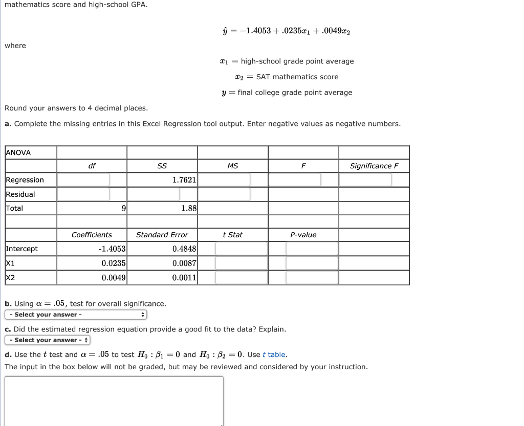 Solved mathematics score and high-school GPA. y = -1.4053 | Chegg.com