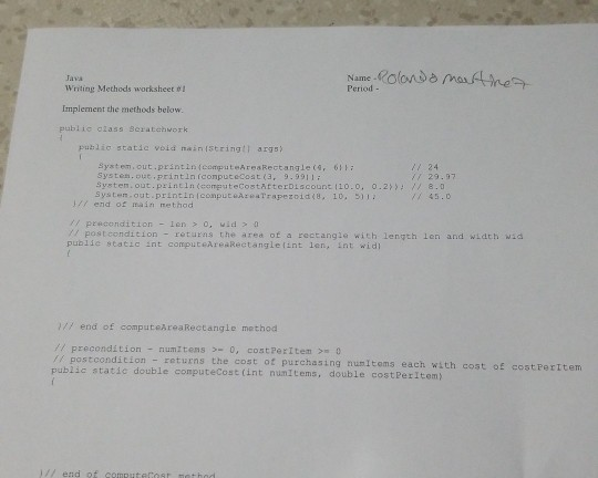 Solved Java writing Methods าเ๐rksheet Name Rolando mosft | Chegg.com