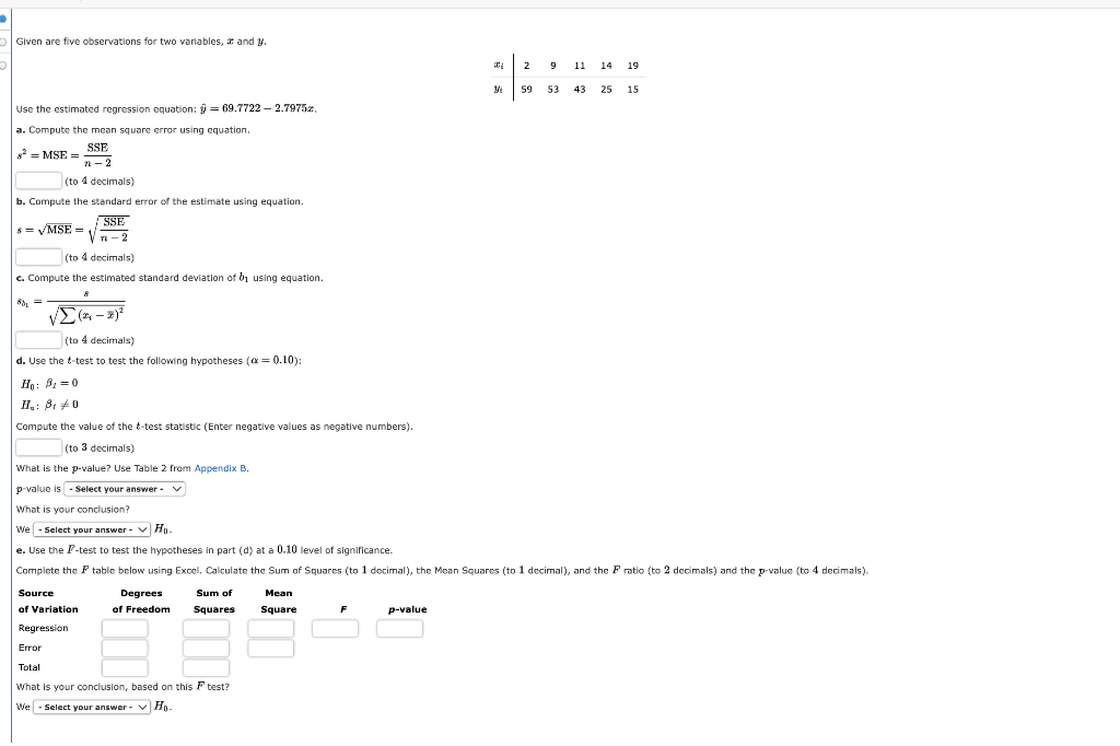 Solved Given are five observations for two variables, x and | Chegg.com