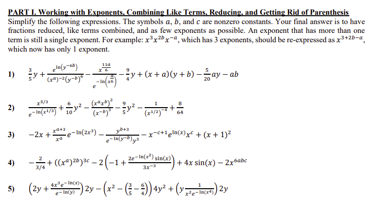 Solved PART I. Working with Exponents, Combining Like Terms, | Chegg.com